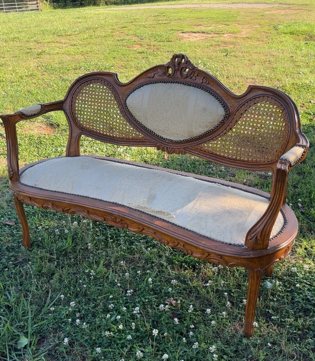 Rattan Settee , Antique Rattan Bench , Petite Settee for Reupholstering ...