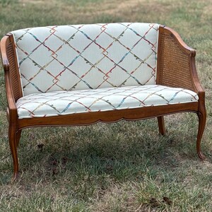 French Style Cane and Upholstery Settee, Cane Bench, Vintage Settee ...