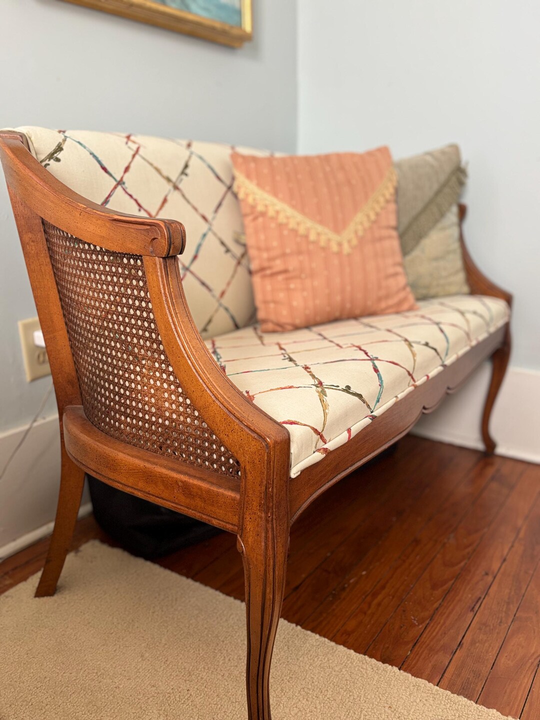 French Style Cane and Upholstery Settee, Cane Bench, Vintage Settee ...