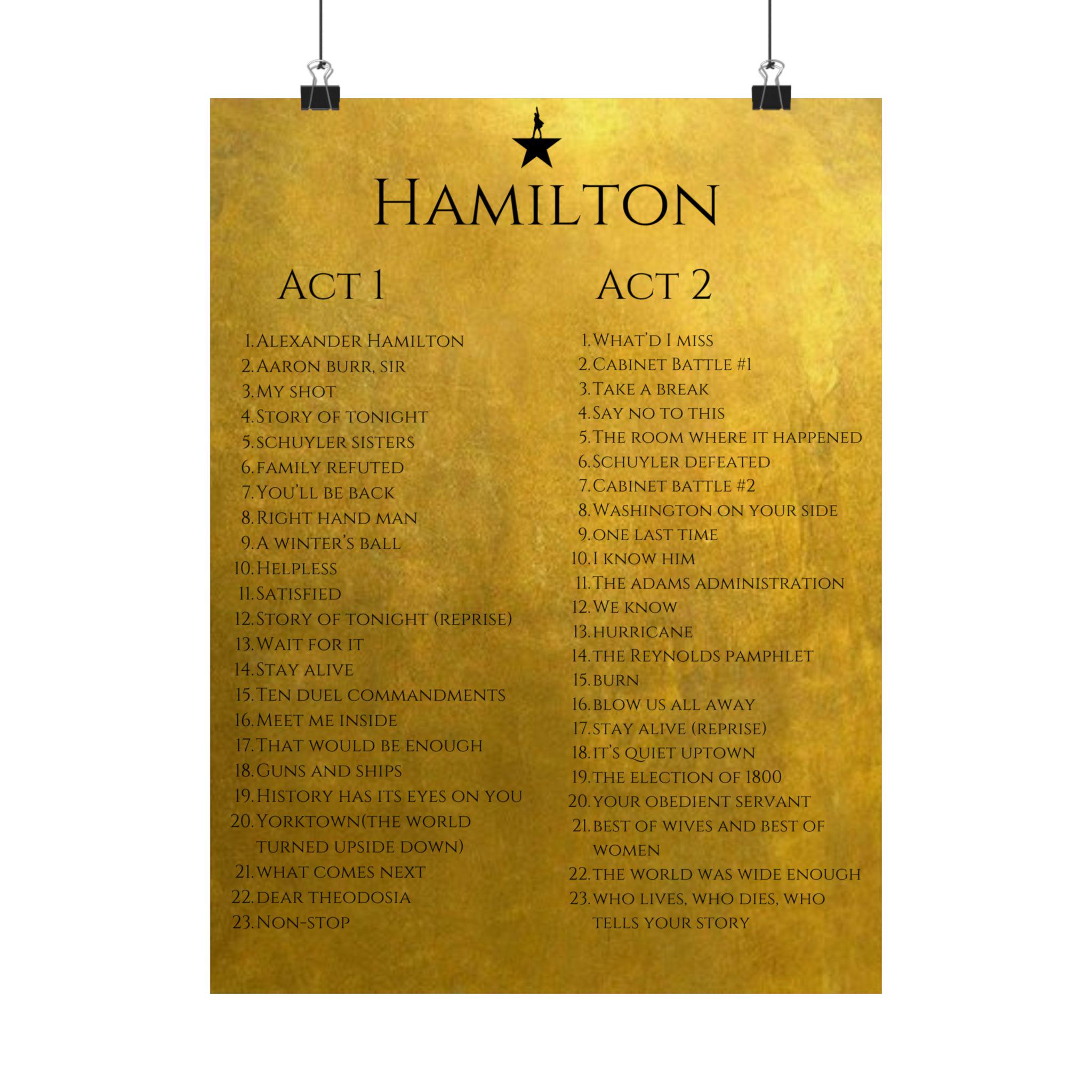 Hamilton Act I & Act 2 Poster Matte Vertical | Musical Lyrics Tracklist ...