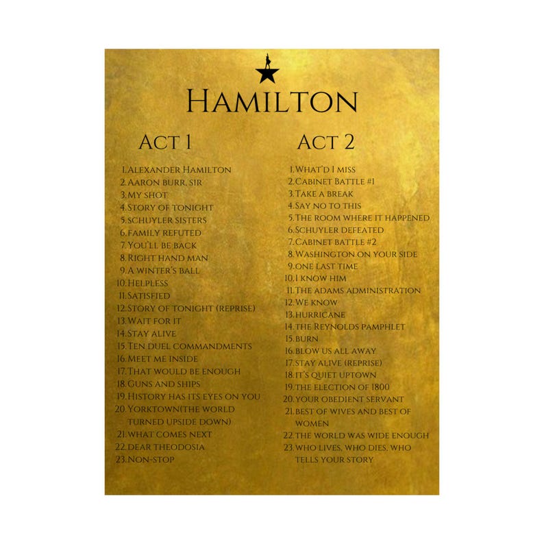Hamilton Act I & Act 2 Poster Matte Vertical | Musical Lyrics Tracklist ...