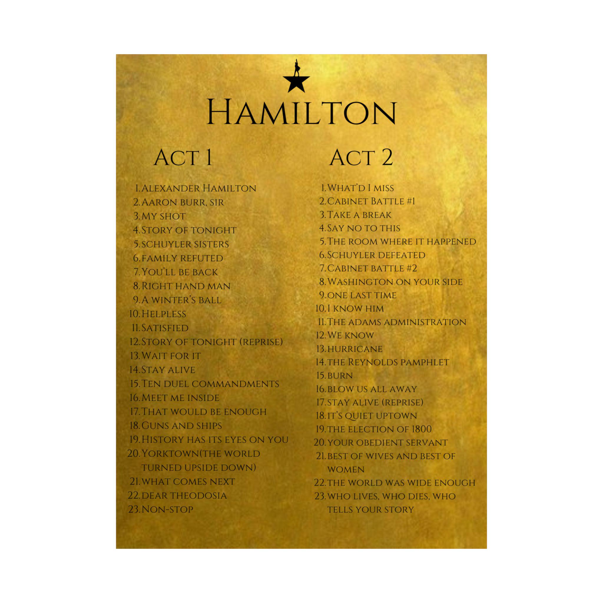 Hamilton Act I & Act 2 Poster Matte Vertical | Musical Lyrics Tracklist ...