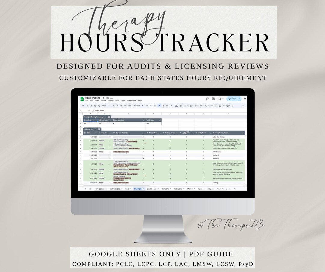 Therapy Hours Tracker – Google Sheets Dashboard for Counselors, Social ...