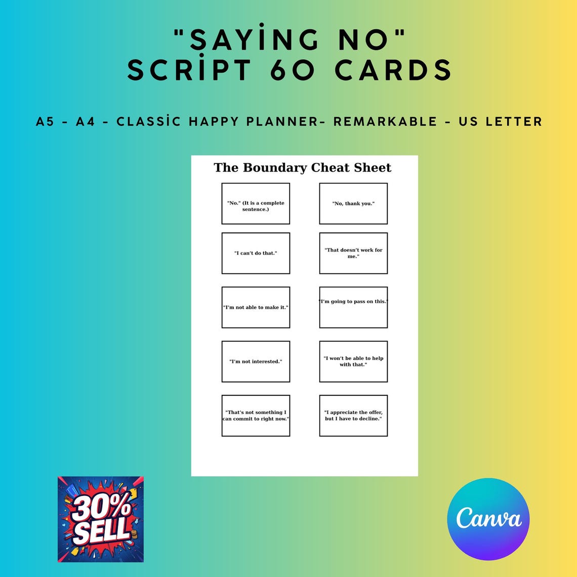 60 Saying No Scripts Printable, Setting Boundaries Flashcards, People ...