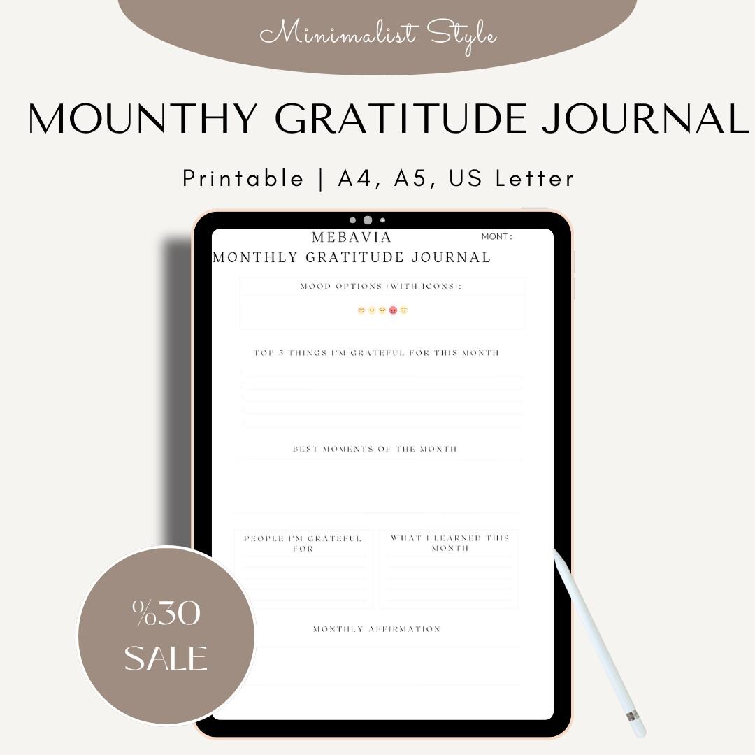 Minimalist Monthly Gratitude Journal Printable PDF – A4 A5 US Letter ...