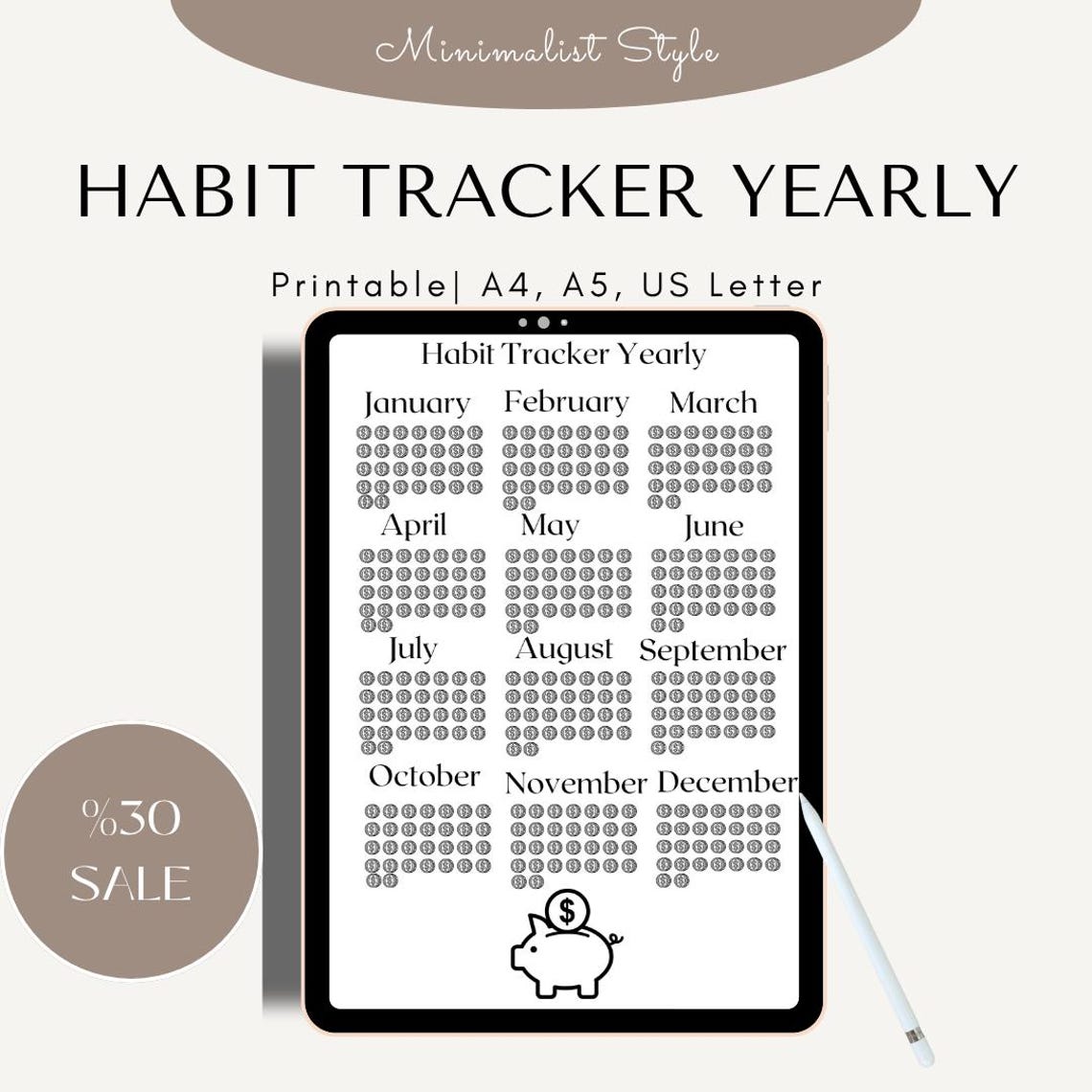 Minimalist Habit Tracker Yearly Printable, 12 Month Goal Planner PDF ...