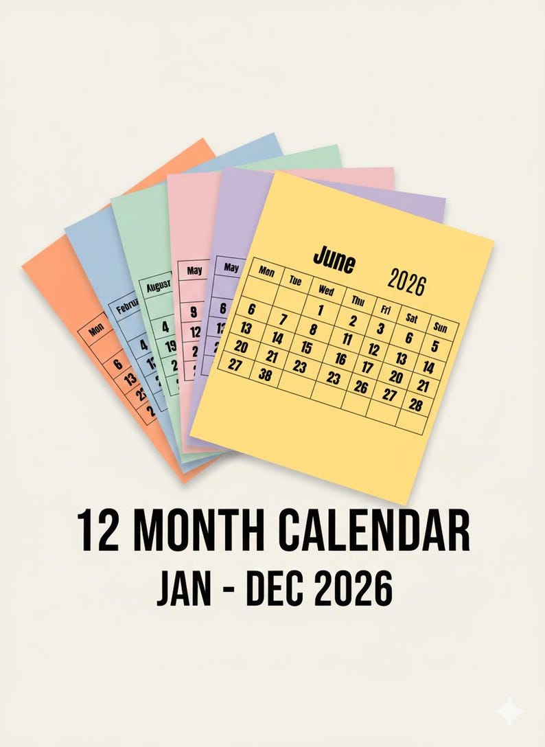 2026 Colorful Printable Calendar • Monthly Wall Art Planner • Bright ...