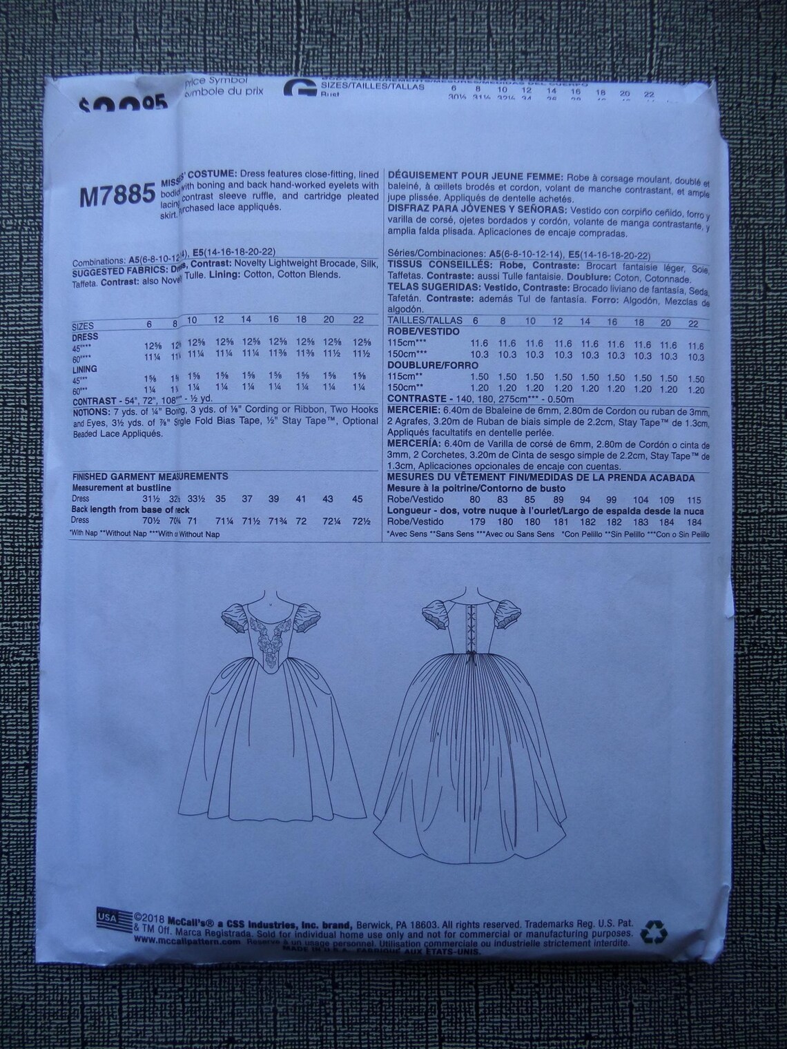 Georgian Dress Costume Pattern: Mccalls 7885, Miss Sizes, Uncut, Laced ...