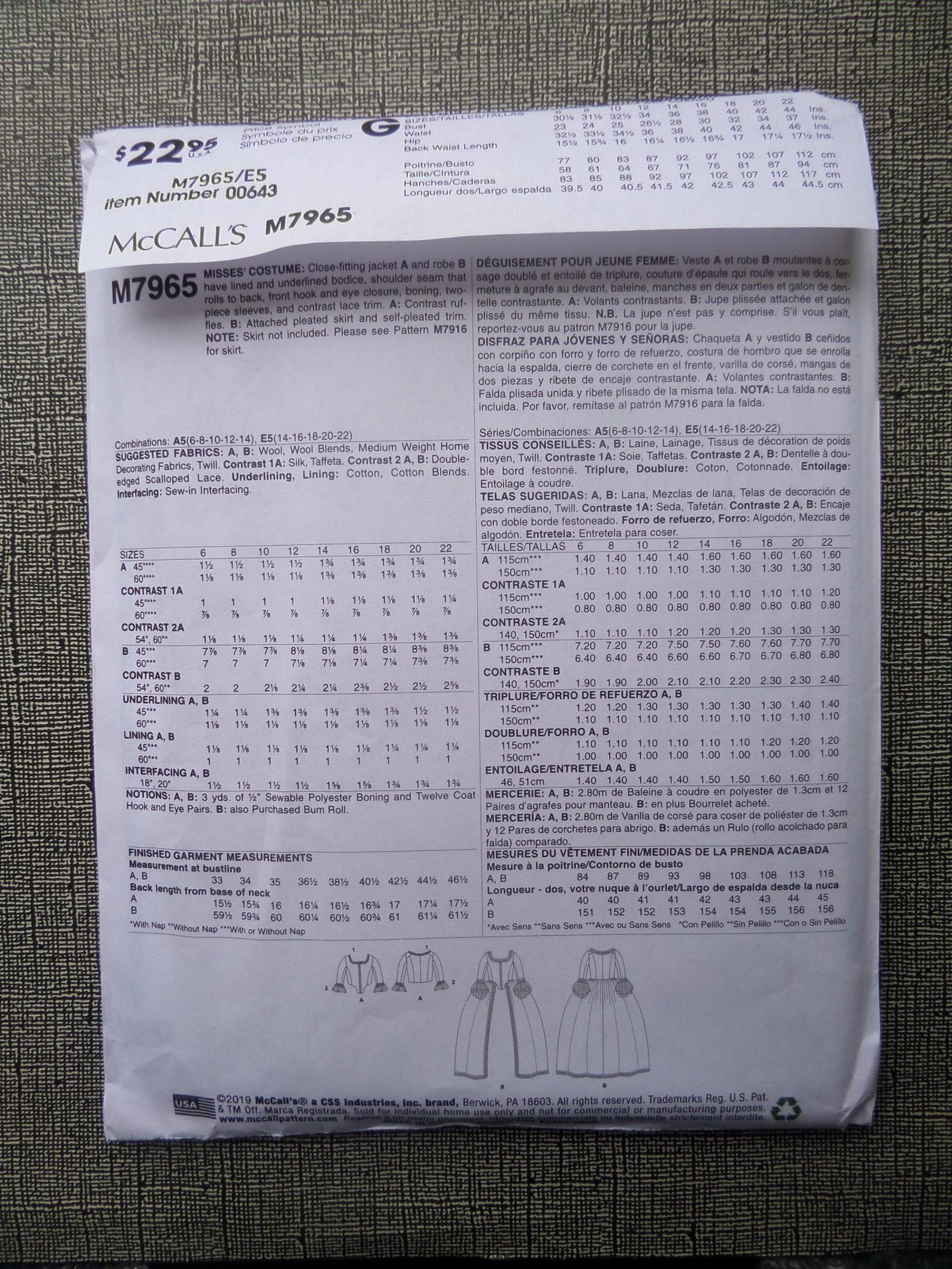 Georgian Coat Costume Pattern: Mccalls 7965 Miss Sizes, Uncut ...