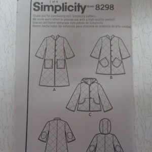 QUILTED COAT Pattern • Simplicity 8298• Miss Xs-xl • Hooded Jacket ...