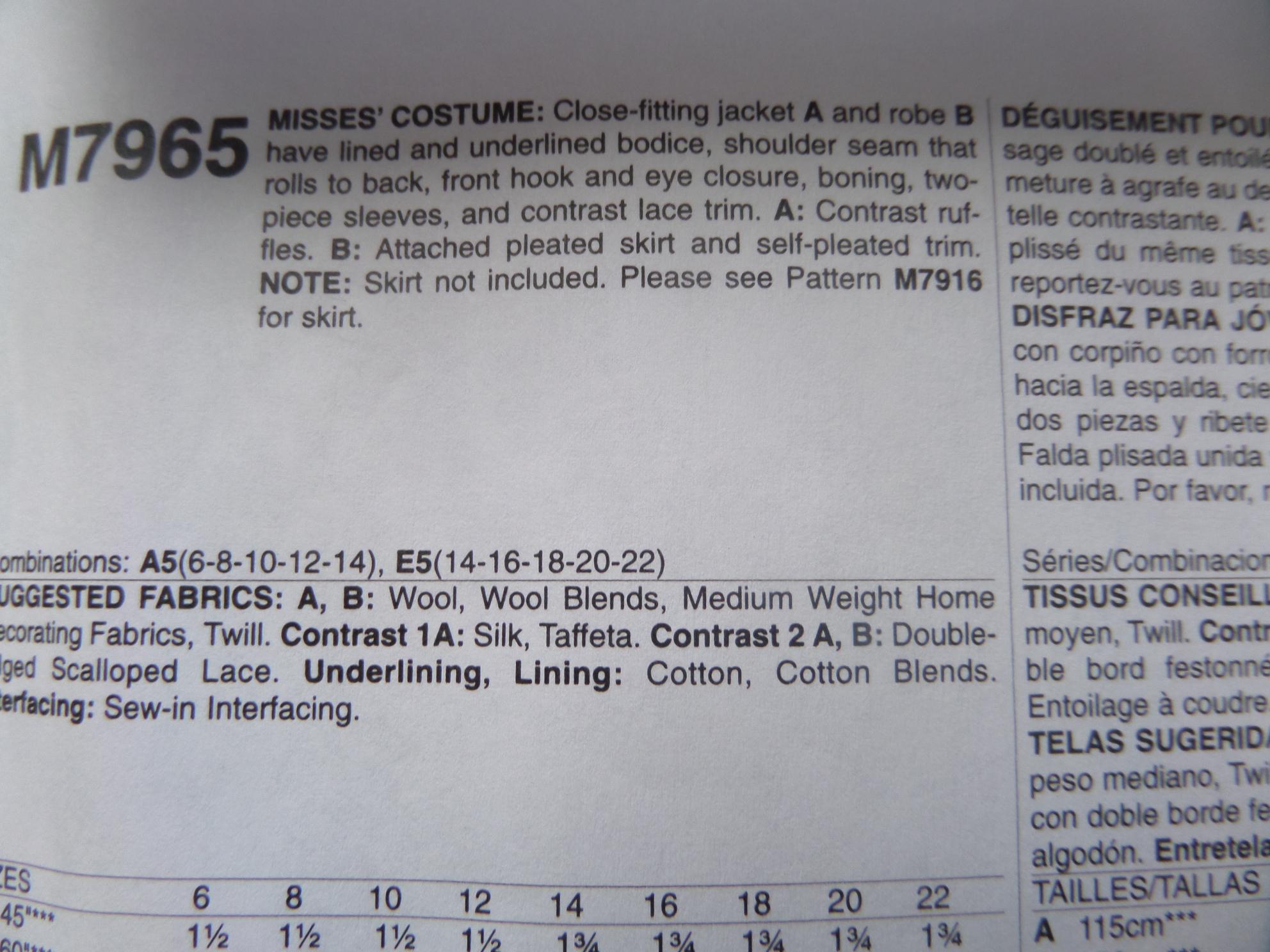 Georgian Coat Costume Pattern: Mccalls 7965 Miss Sizes, Uncut ...