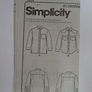 Unisex Button Down Shirt Sewing Pattern: Simplicity 11993, Adult Size S ...