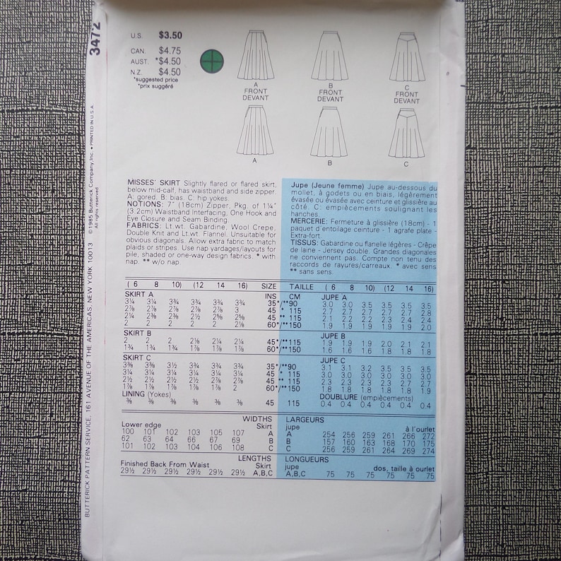 Godet Skirt Pattern: Butterick 3472, Miss 6-10, Uncut, Flared, Side Zip ...
