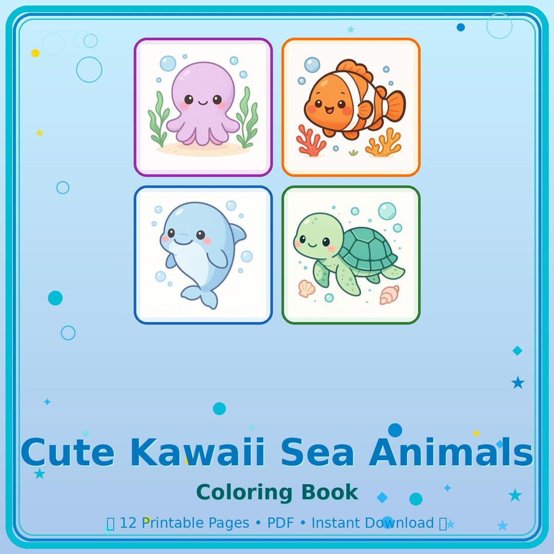Cute Kawaii Sea Animals Coloring Book PDF | 12 Pages | Printable ...