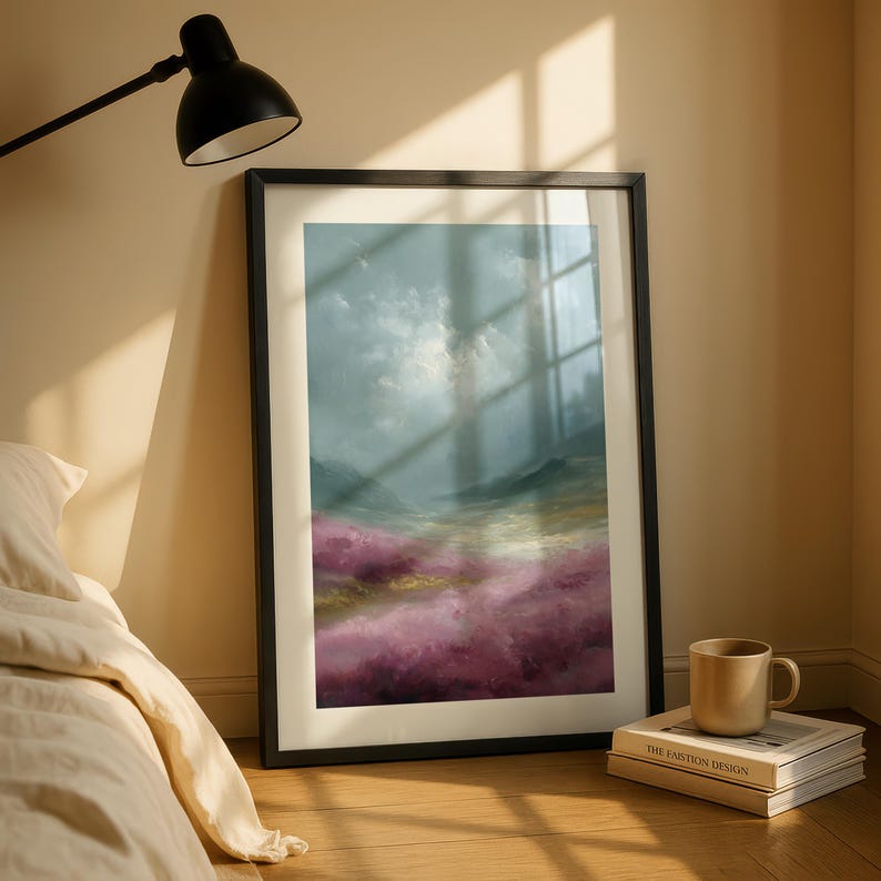 Misty Moorland Landscape Print, Lilac Heather and Dramatic Cloudy Sky ...