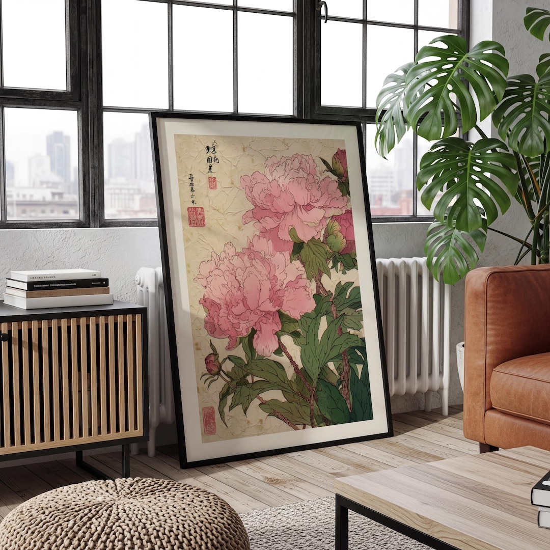 Pink Peony Print, Japanese Foral Botanical Wall Art, Vintage Flower ...