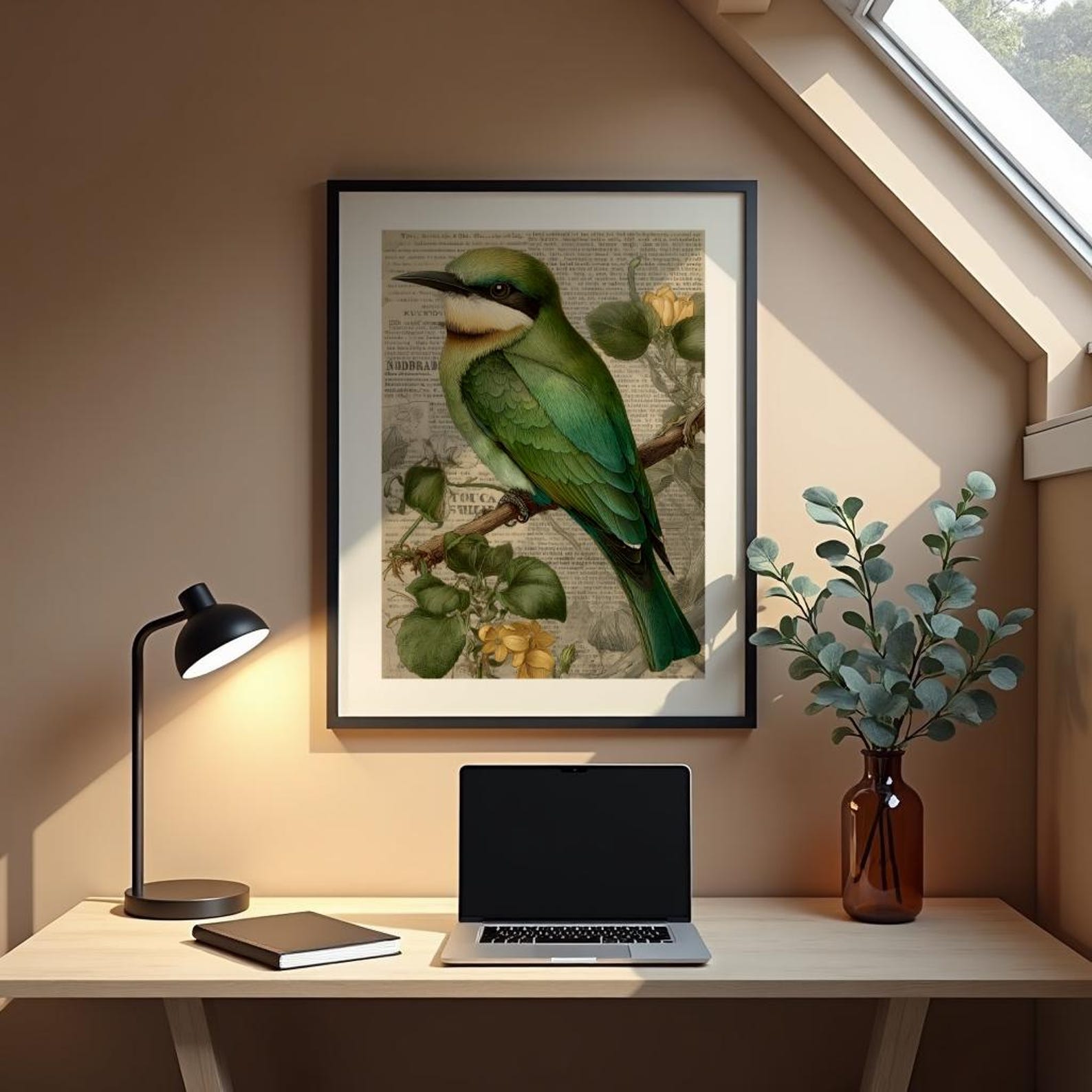 Ornithology Wall Art, Green Bee Eater Bird Poster, Vintage Botanical ...