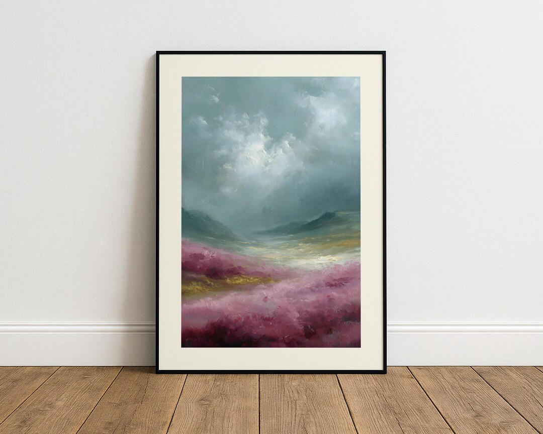 Misty Moorland Landscape Print, Lilac Heather and Dramatic Cloudy Sky ...