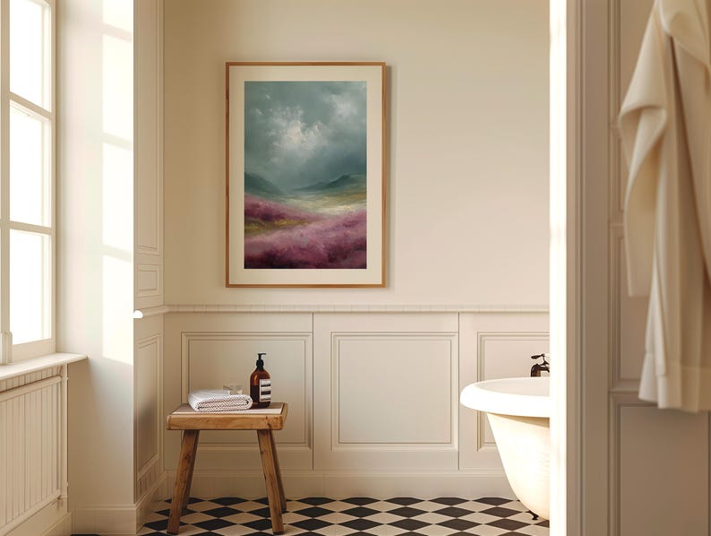 Misty Moorland Landscape Print, Lilac Heather and Dramatic Cloudy Sky ...
