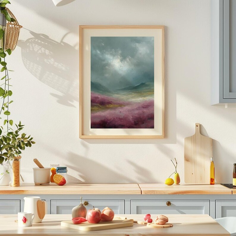 Misty Moorland Landscape Print, Lilac Heather and Dramatic Cloudy Sky ...
