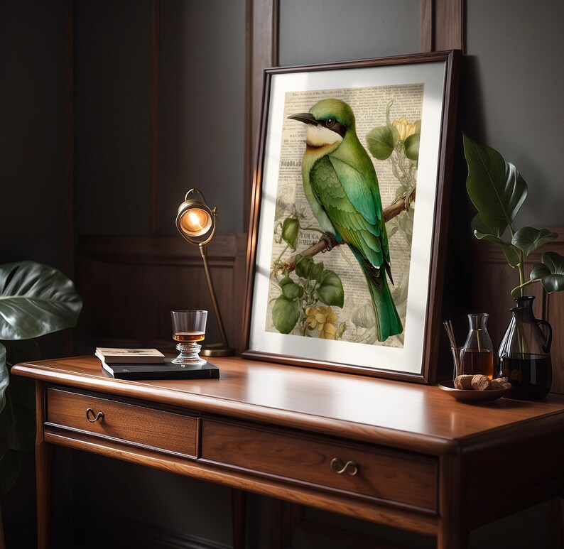 Ornithology Wall Art, Green Bee Eater Bird Poster, Vintage Botanical ...