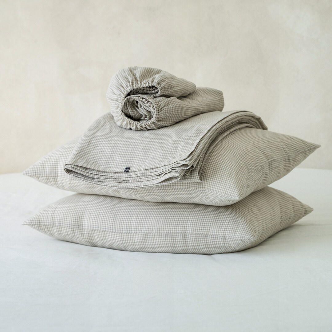 Natural Sheet Set Gingham, Linen Sheet Set, Fitted Sheet, Flat Sheet, 2 ...