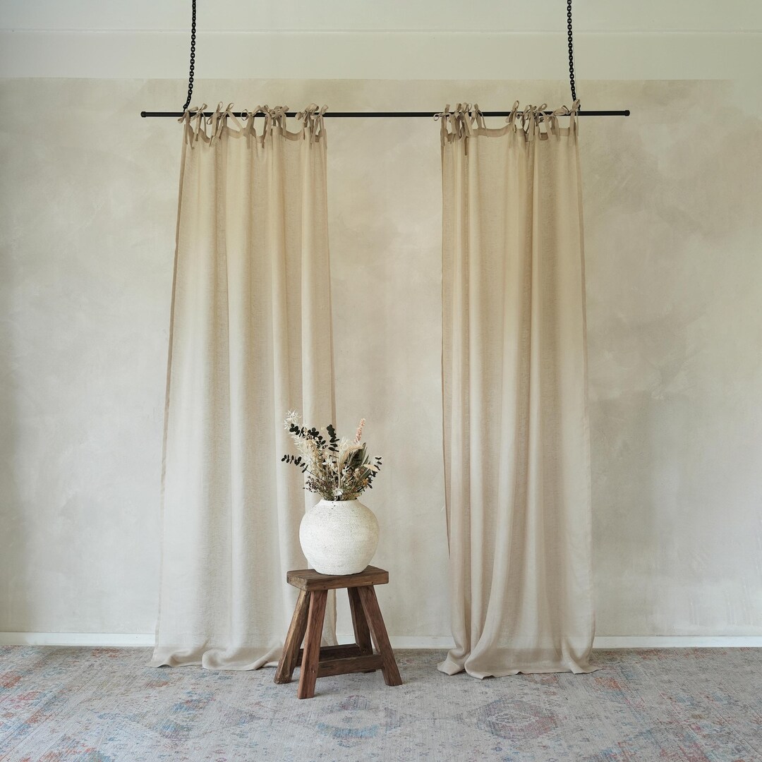 Sheer Curtain Panel Tie Top, Linen Window Curtains, Light Filtering ...