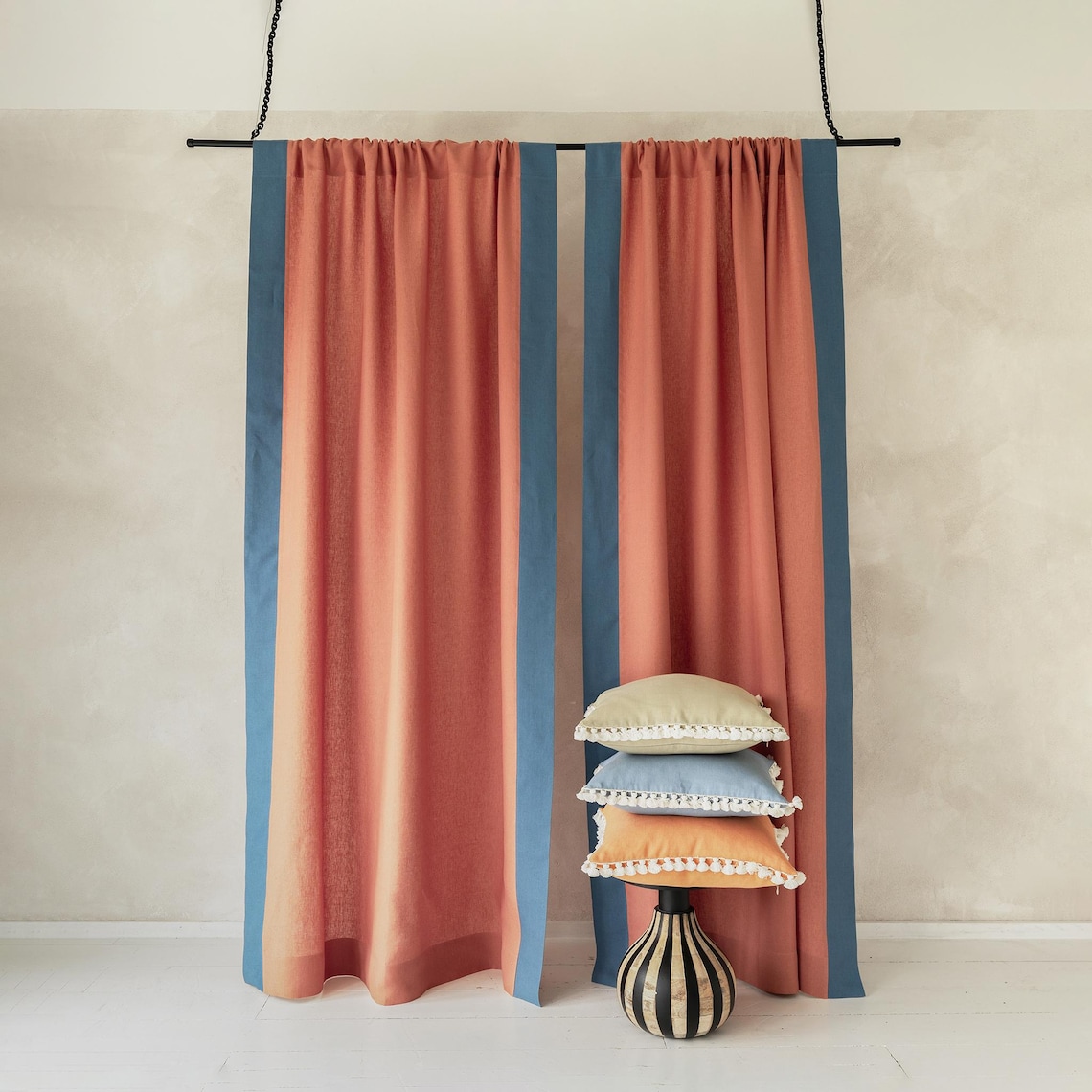 Linen Curtains With Contrast Border Trim, Privacy or Blackout Drapes ...