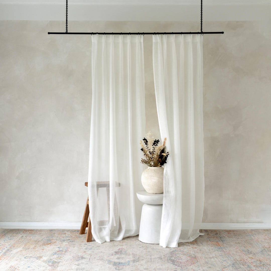 Sheer Linen Pinch Pleat Curtains, Natural Curtain Panels for Living Room, Lightweight Window ...
