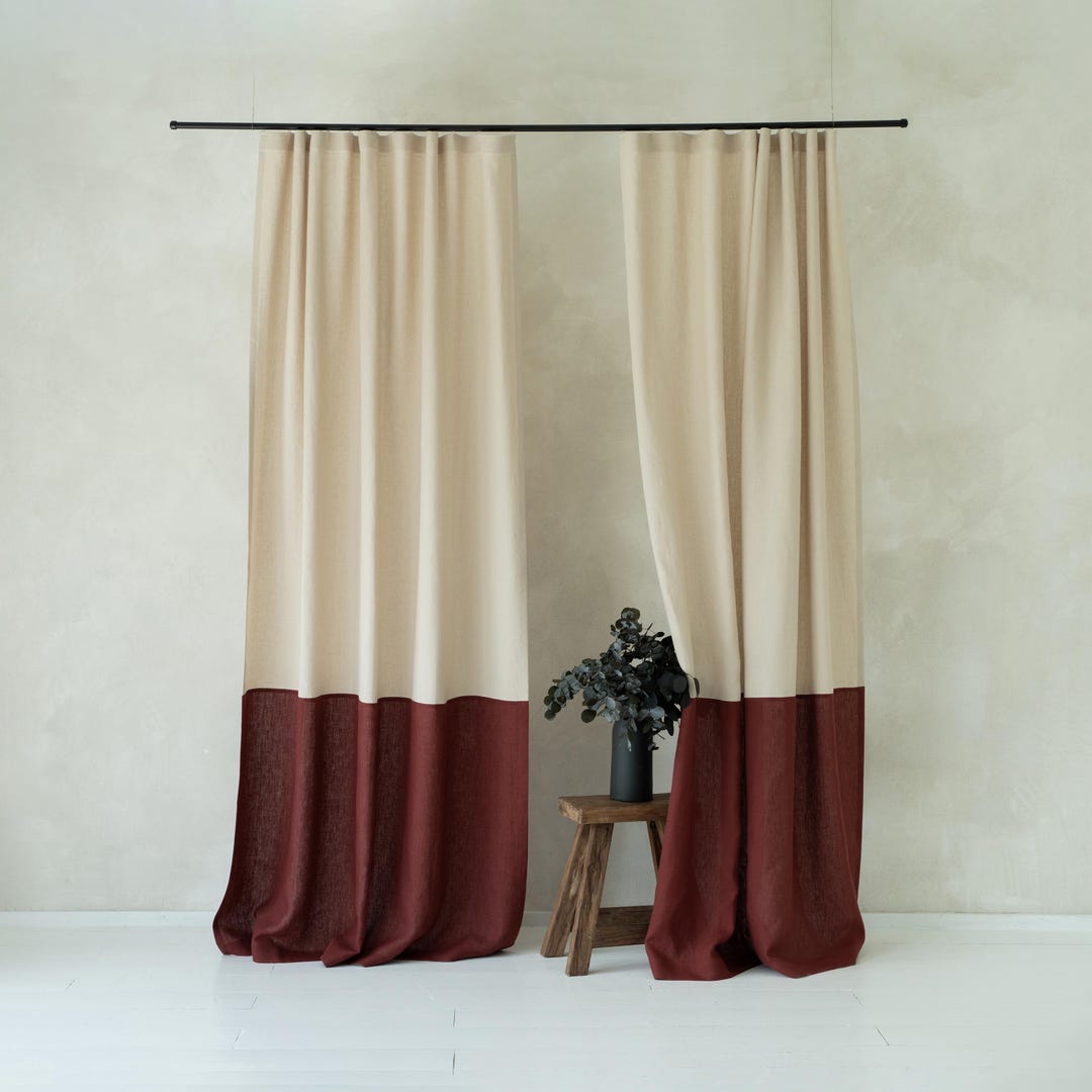 Linen Window Curtains Color Block, Natural Curtain Panel With Tape for ...