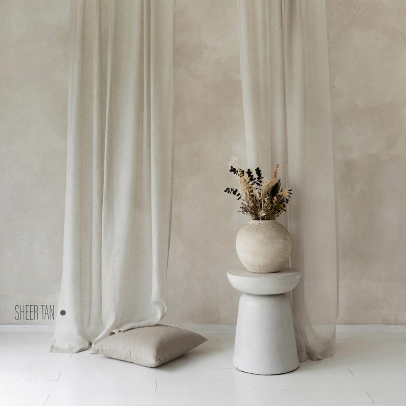 Handmade Sheer Linen Curtain Panel, Double Pleat, Lightweight Oatmeal ...