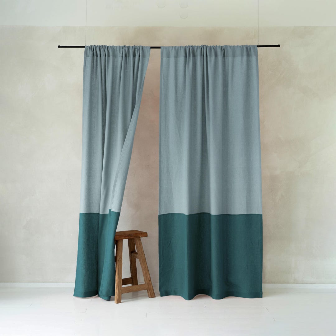 Color Block Linen Curtains, Curtain Panels Rod Pocket, Privacy ...