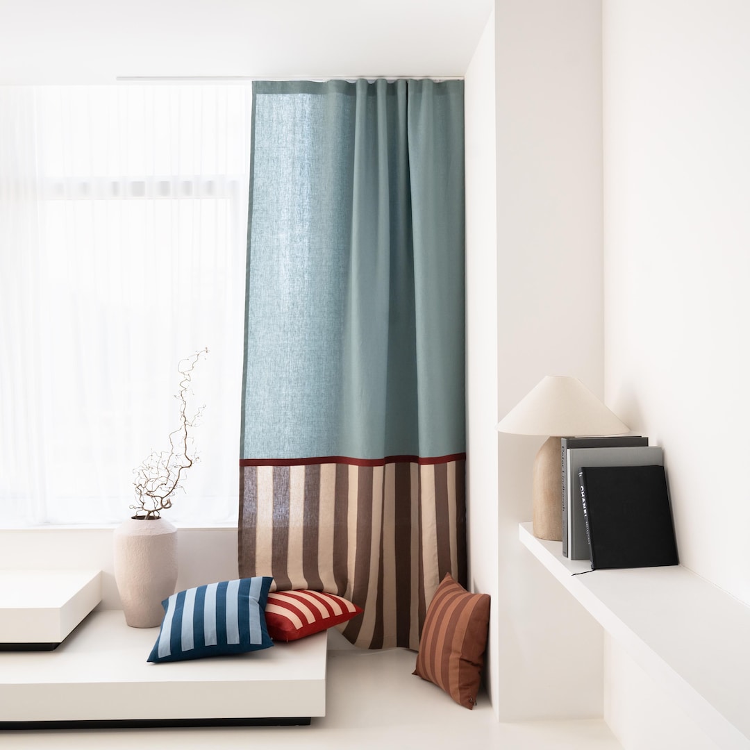 Custom Linen Curtains, Striped Window Curtain Panels, Color Block ...