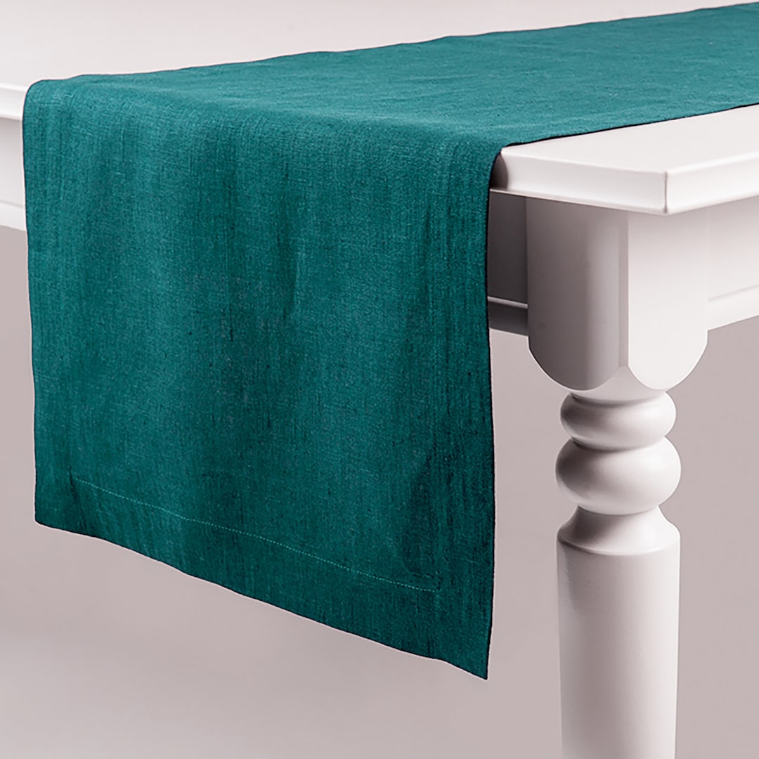 Natural Table Runner in Peacock Green, Blue Green Linen Table Runners ...
