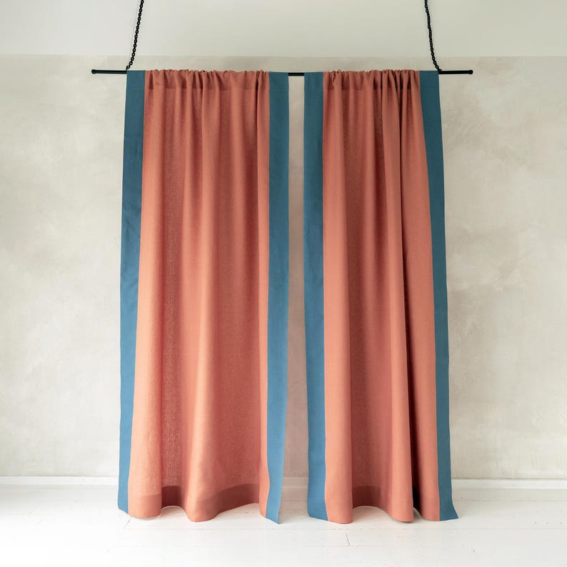 Linen Curtains With Contrast Border Trim, Privacy or Blackout Drapes ...