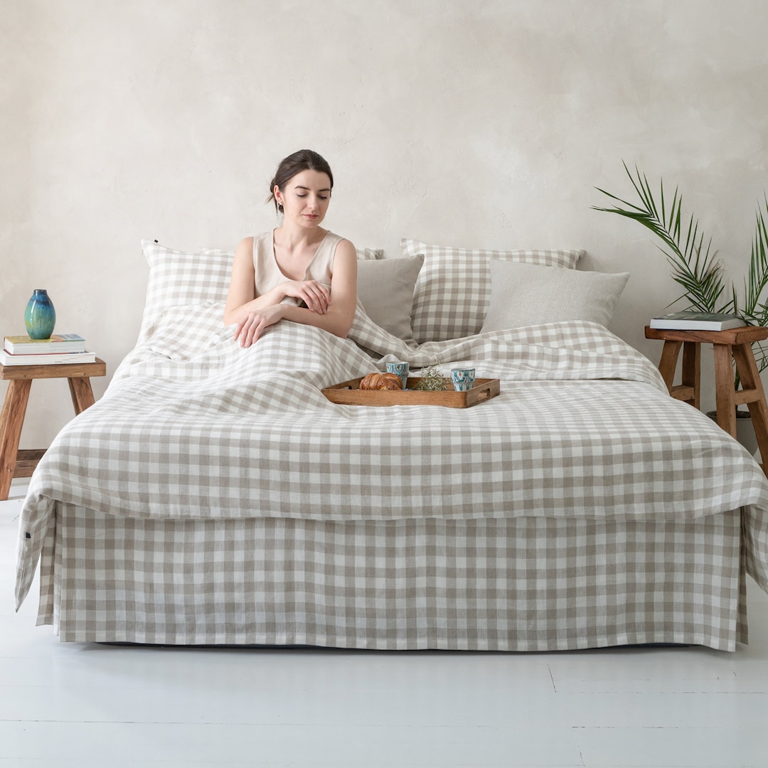 Linen Duvet Cover Gingham, Checkered Linen Bedding, Natural Gingham ...