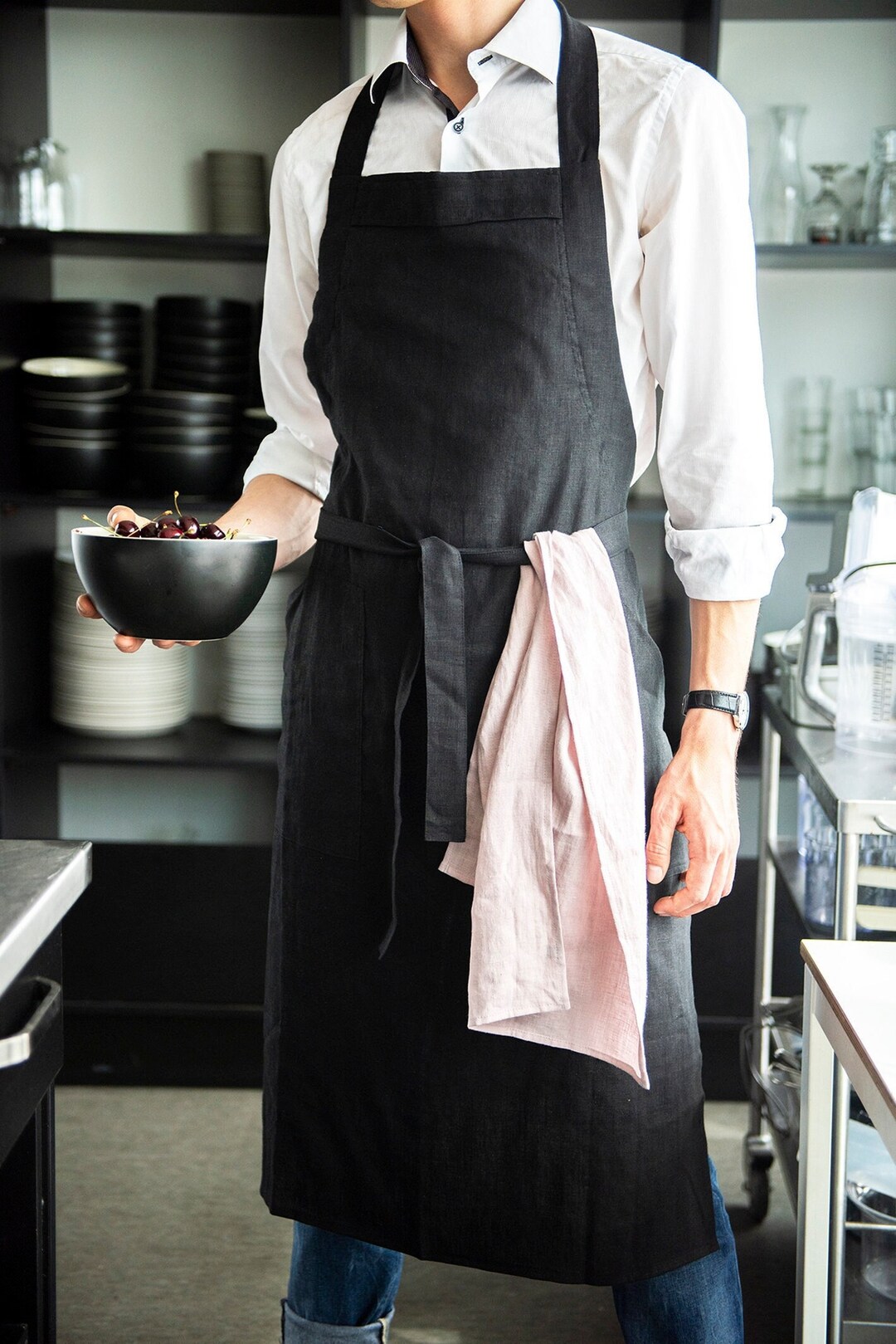 Linen Apron for Men, Black Linen Men's Apron With Pockets, Long Grill ...