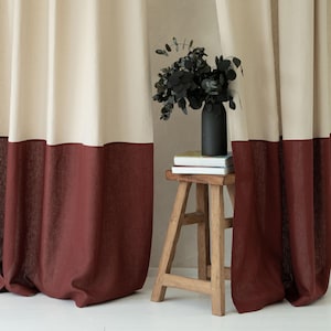 Linen Window Curtains Color Block, Natural Curtain Panel With Tape for ...