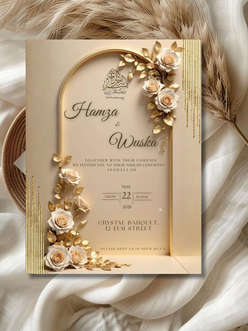Gold Islamic Wedding Card | Luxury Nikkah Invitation With Arabic ...