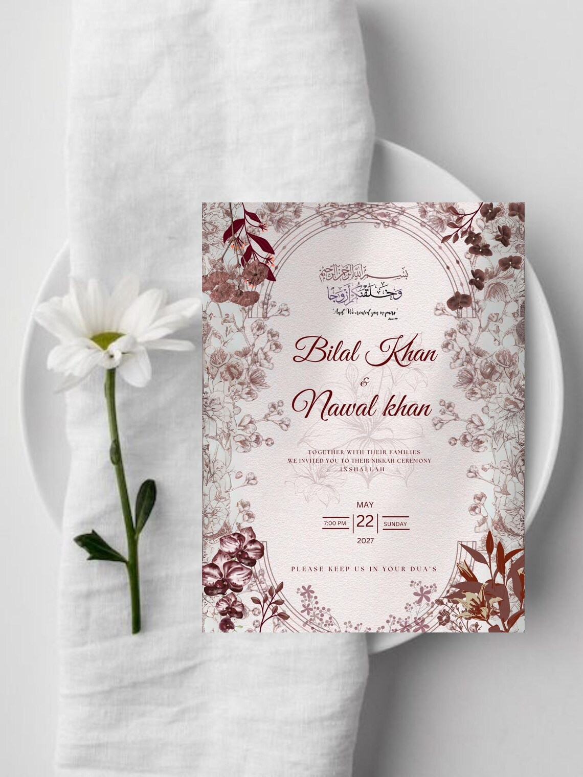Burgundy Floral Nikkah Invitation | Islamic Wedding Canva Template ...