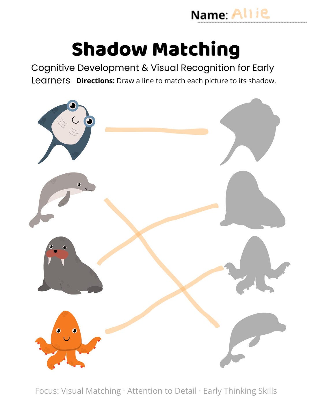 Ocean Animal Shadow Matching Worksheet | Preschool Printable ...