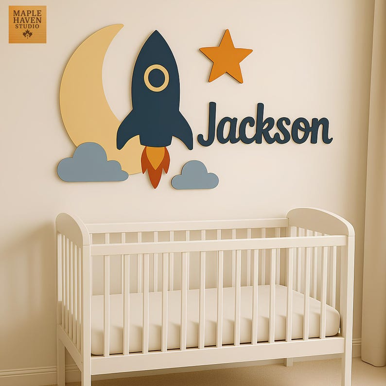 Custom Space Nursery Name Sign • Moon and Stars Baby Wall Decor ...