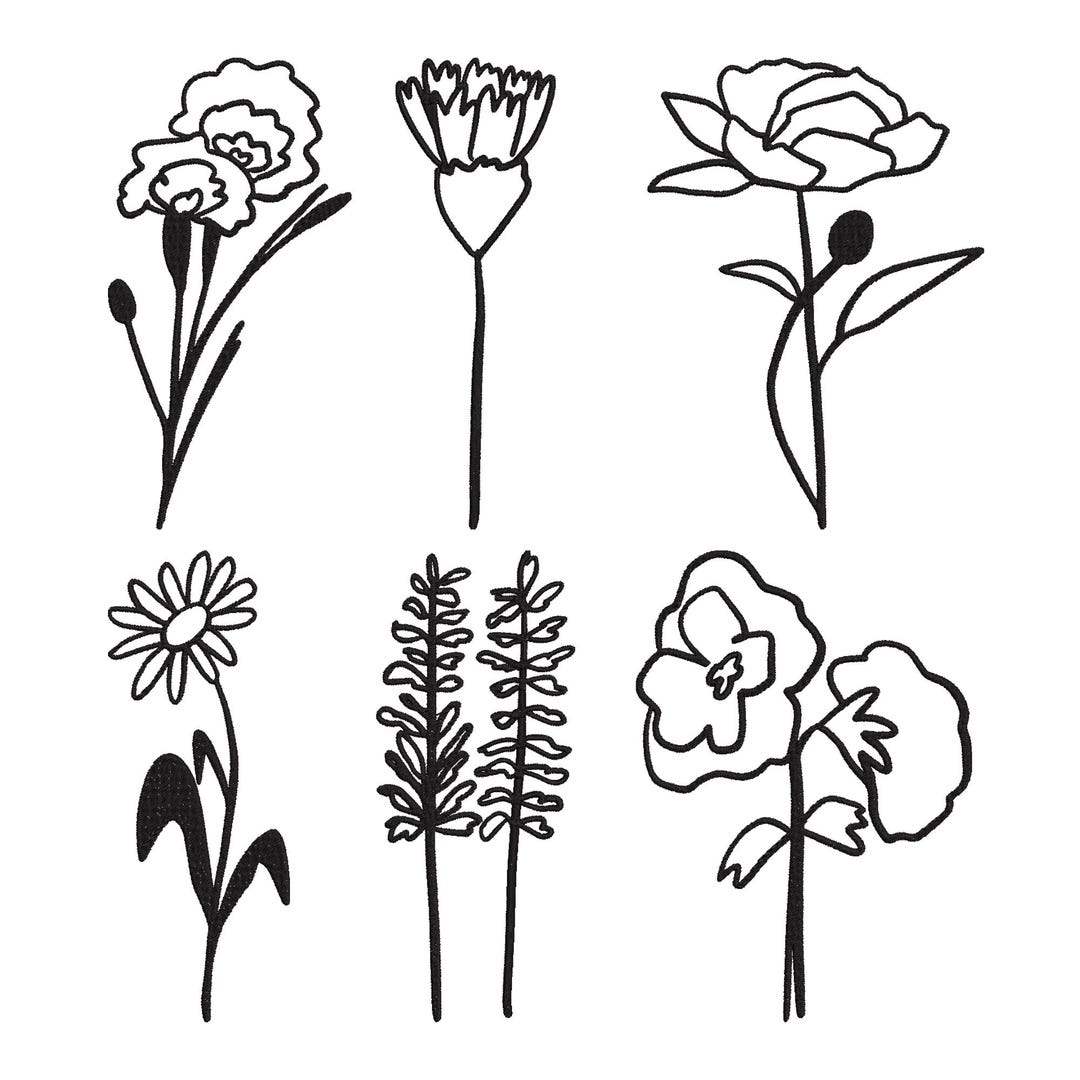 Wildflower Embroidery Design, Outline Flower Embroidery Design, Five ...