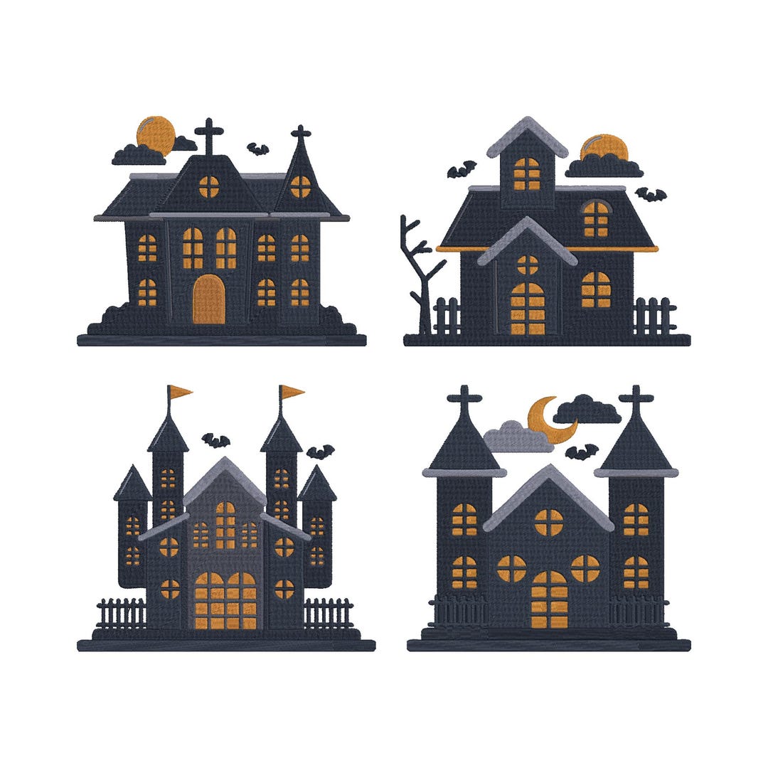 Halloween Haunted House Embroidery File, Haunted Night Embroidery ...