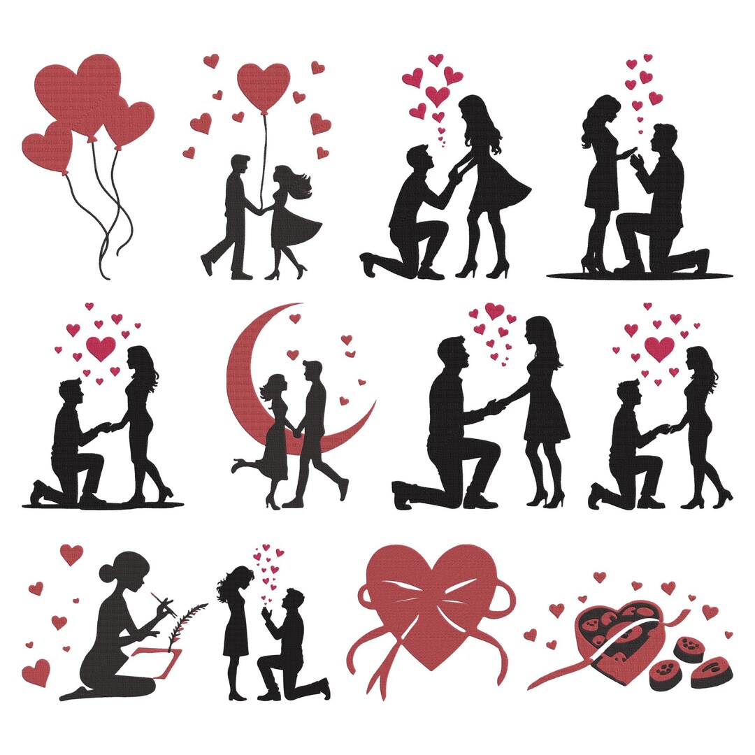 Romantic Couple Silhouette Embroidery Bundle Design, Love Proposal ...