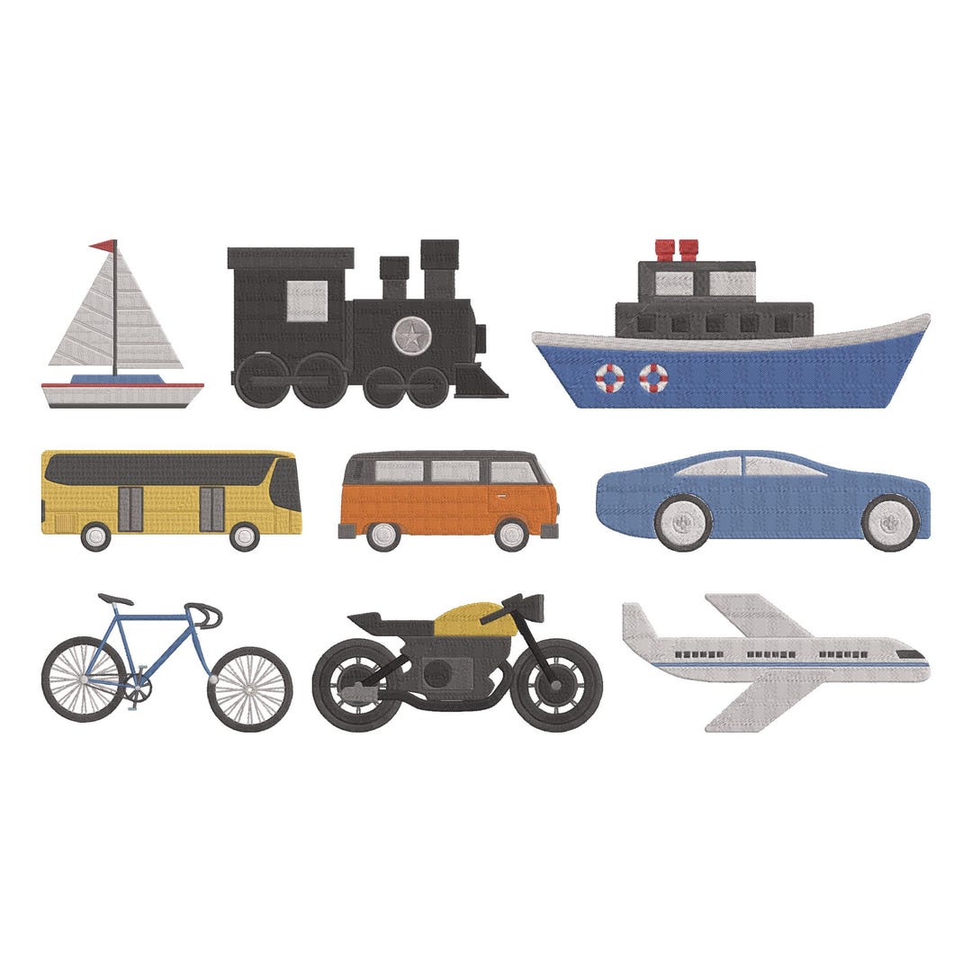 Transport Vehicles Embroidery Design, Bus, Train, Boat, Bike and ...