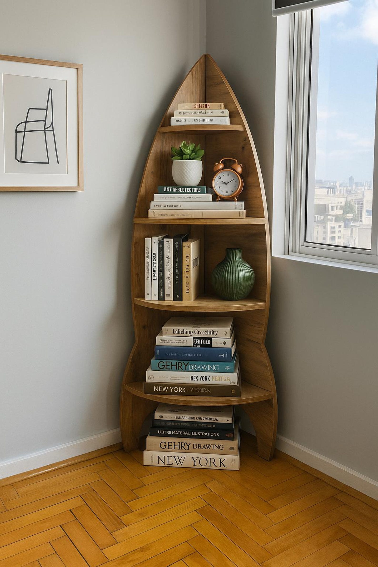 Tok-co Rocket Design Wooden Patterned Wide Shelf Corner Bookcase With 4 ...