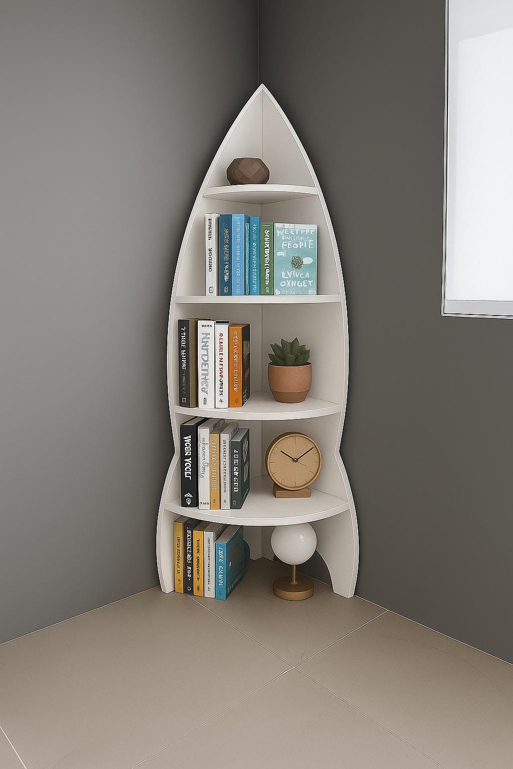 Tok-co Rocket Design White Wide Shelf Corner Bookcase With 4 Shelves ...