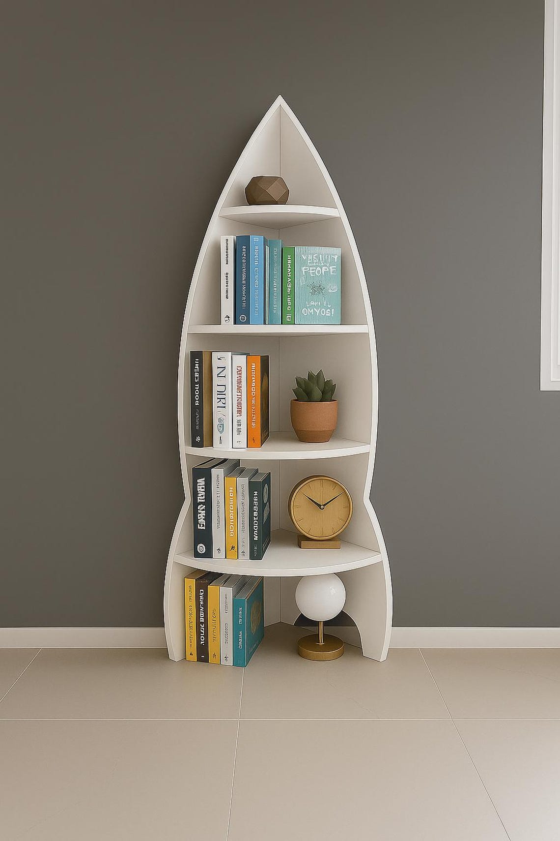 Tok-co Rocket Design White Wide Shelf Corner Bookcase With 4 Shelves ...