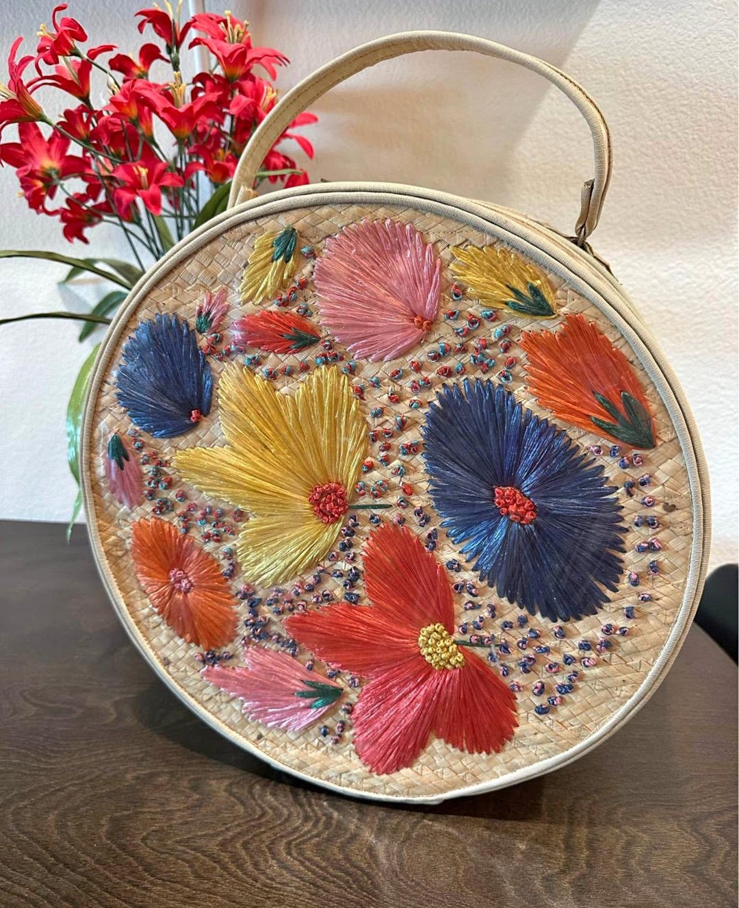 Vintage Woven Raffia Floral Suitcase Hat Box Travel Beach Bag - Etsy